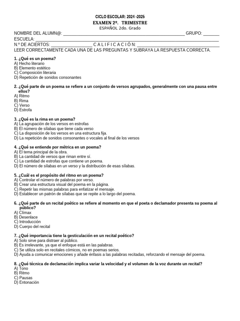 Examen Español | PDF | Metro (poesía) | Poesía