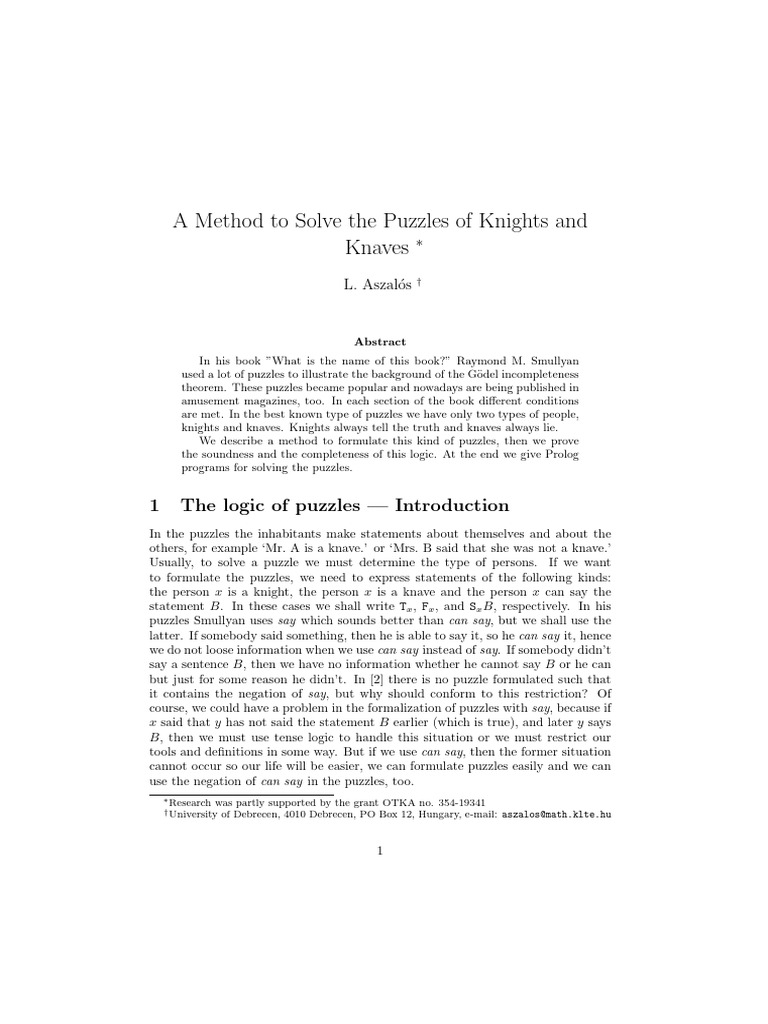 A Method To Solve The Puzzles of Knights and Knaves | PDF | Metalogic ...