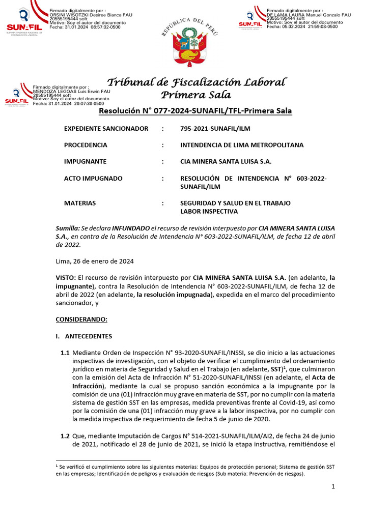 Resolución Nro. 0077-2024-SUNAFIL-TFL-Primera Sala | PDF | Seguridad y salud ocupacional ...