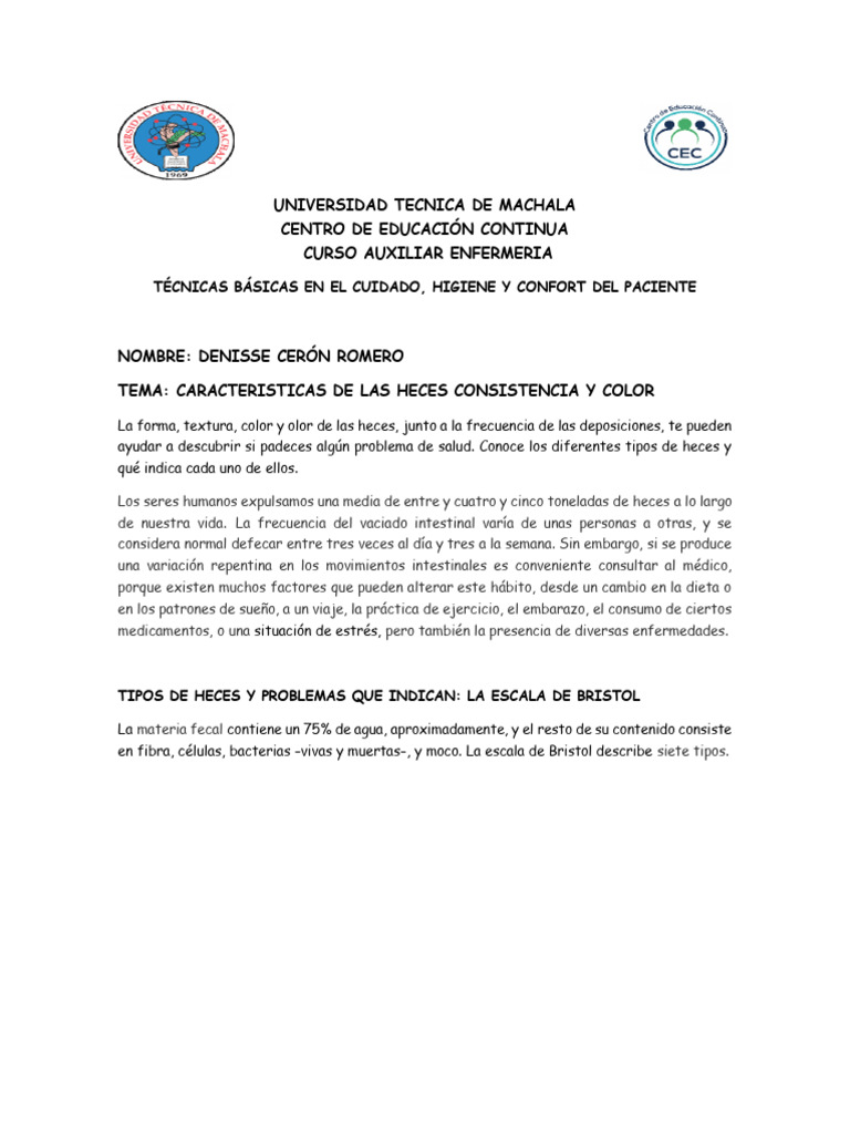 Tipos y características de las heces | PDF | Heces | Especialidades Medicas