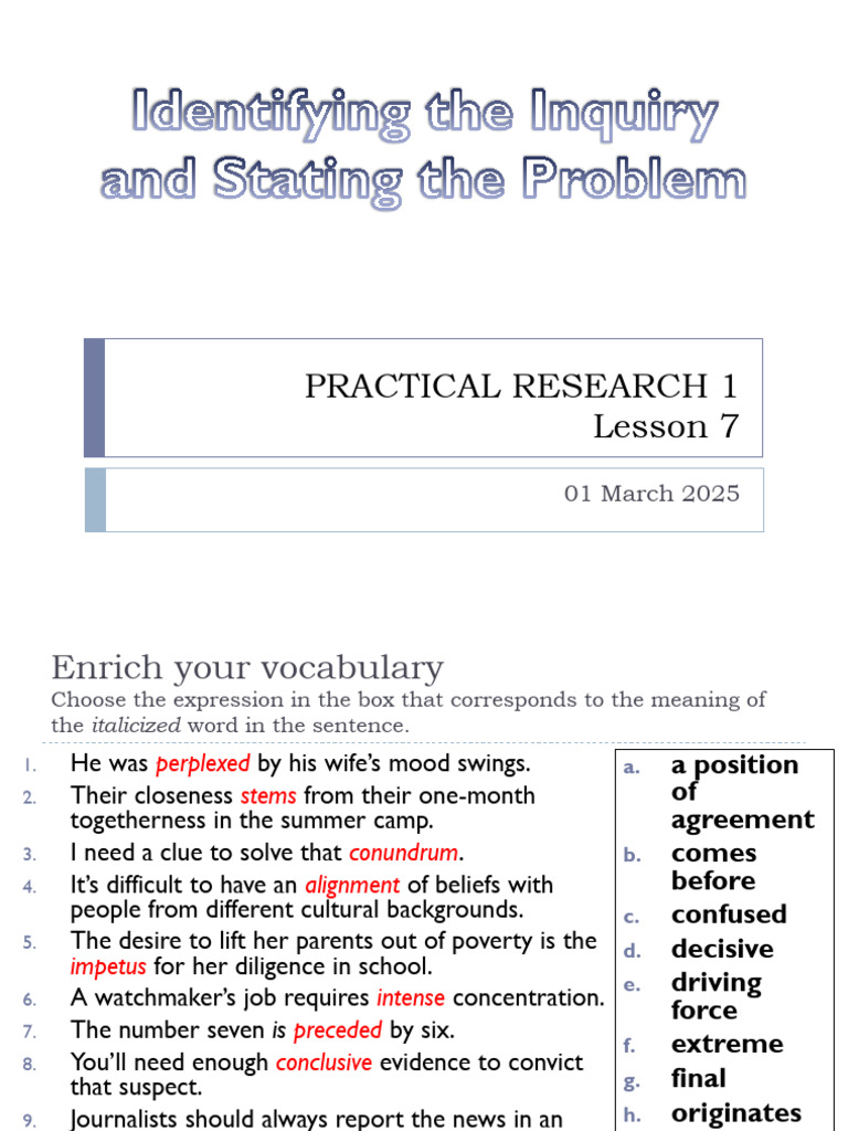 PR1 - Lesson 7. Research Problem and Research Question - 03!01!2025 | PDF | Knowledge | Theory