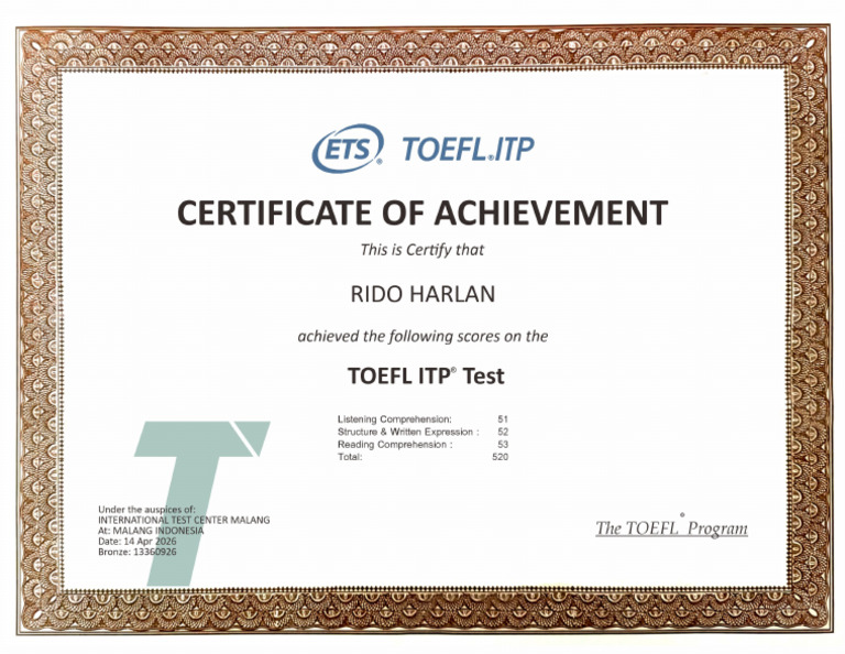 SERTIFIKAT TOEFL.ITP RIDO HARLAN | PDF