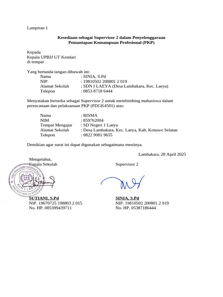 LAMPIRAN 1 PKP Kesediaan Supervisor 2 | PDF