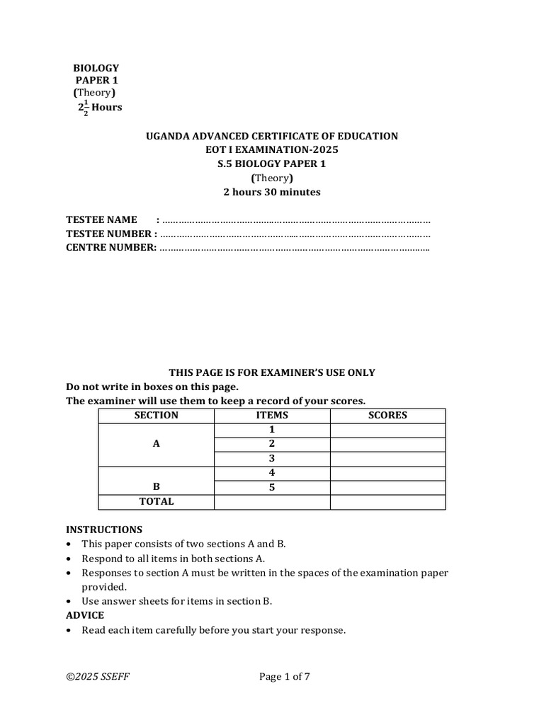 S.5 Biology Exam Paper 2025 | PDF