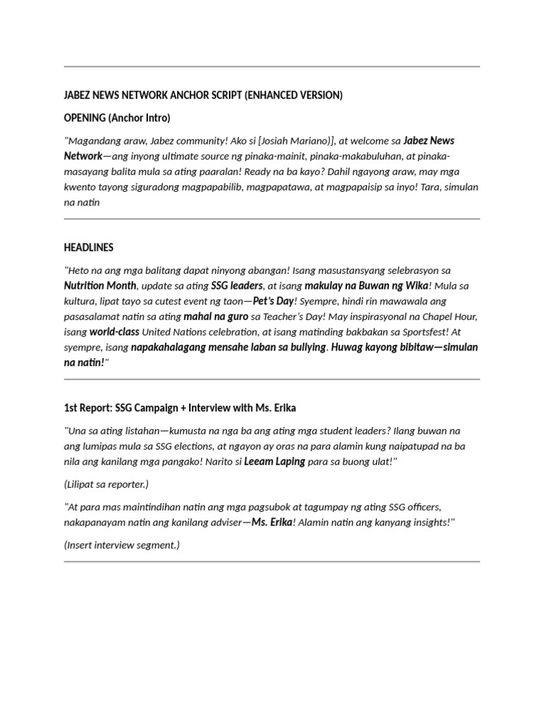 JABEZ NEWS NETWORK ANCHOR SCRIPT ENHANCED | PDF