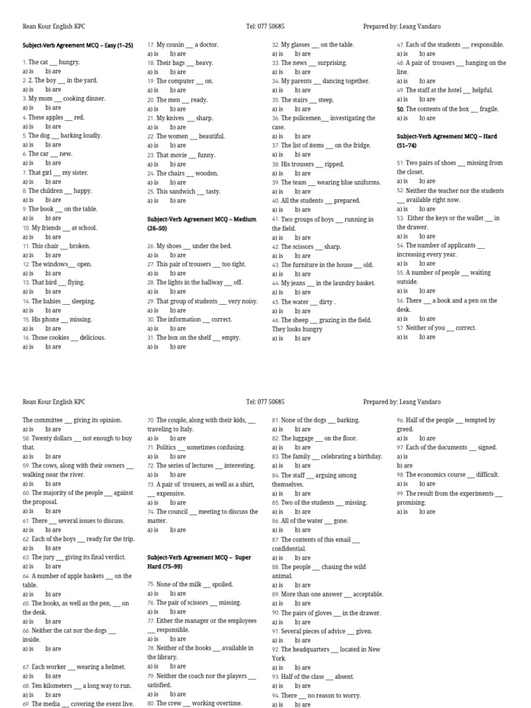 Subject Verb Agreement MCQ | PDF