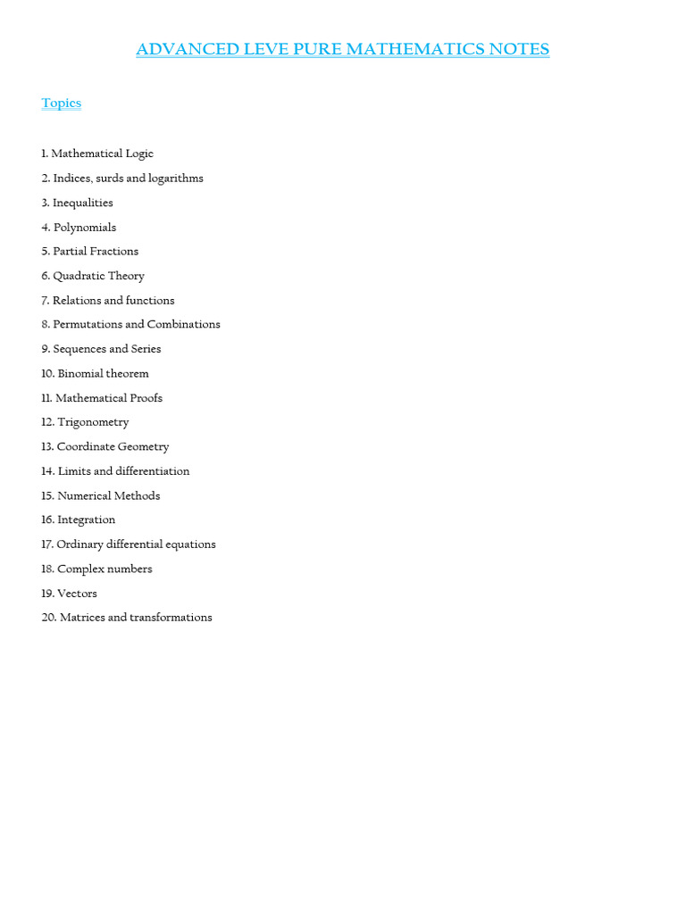 Advanced Level Pure Mathematics Notes | PDF | Function (Mathematics ...