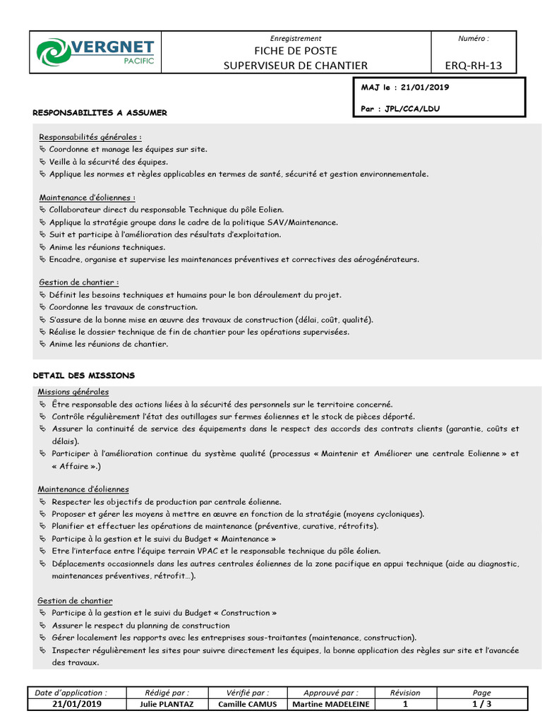 Fiche de Poste Superviseur de Chantier | PDF | Sécurité | Énergie éolienne