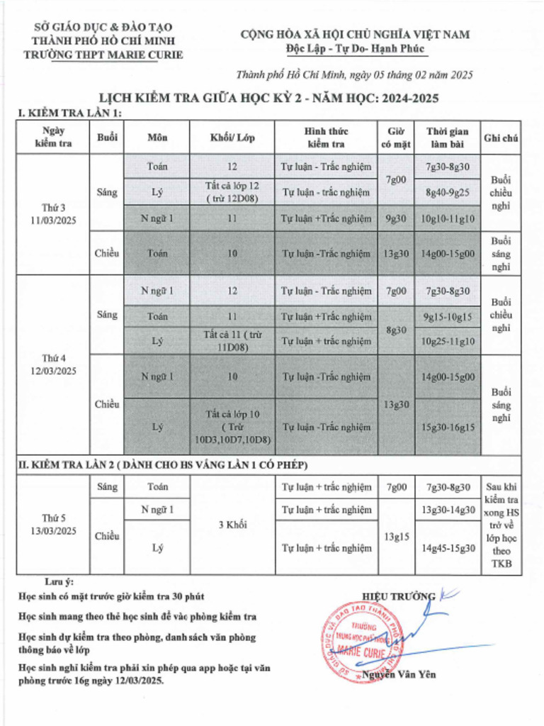 Lịch Kiểm Tra Giữa HK2-2024-2025 | PDF
