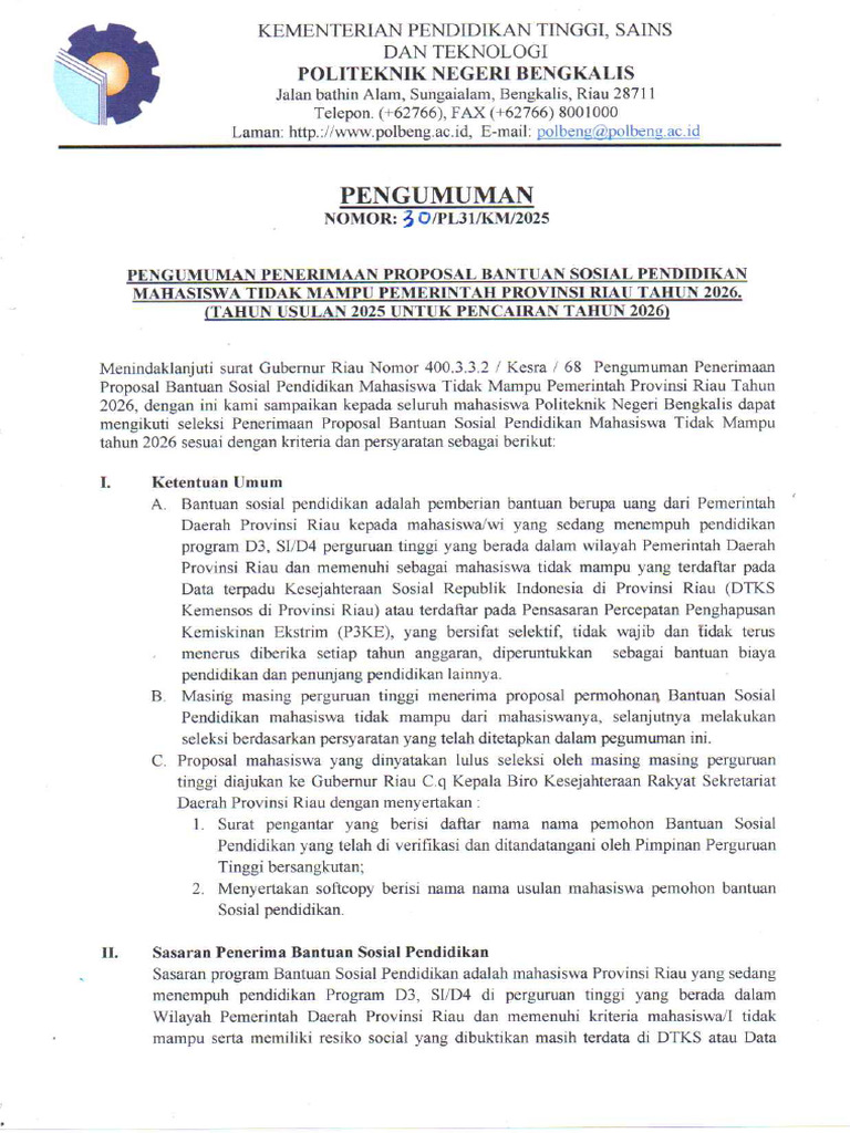 Pengumuman Penerimaan Proposal Beasiswa Bansos Prov Riau (Usulan 2025 - Pencairan 2026) | PDF