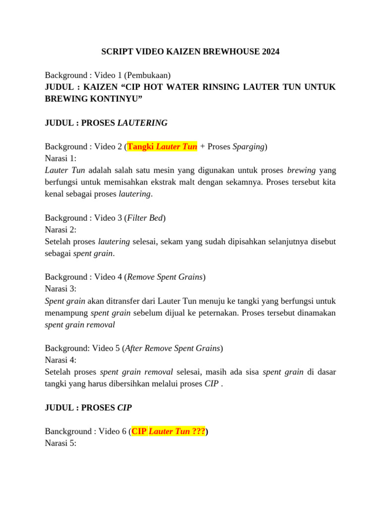 Script Video Kaizen Brewhouse 2024 | PDF