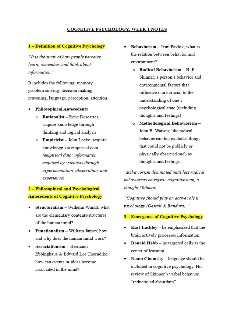 Cognitive Psychology - Notes | PDF | Psychology | Behaviorism