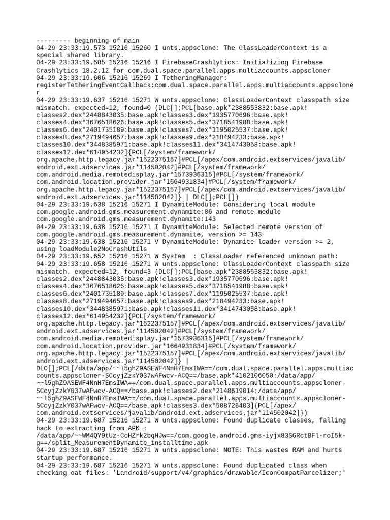 Com - Dual.space - Parallel.apps - Multiaccounts.appscloner Logcat | PDF | Android (Operating ...