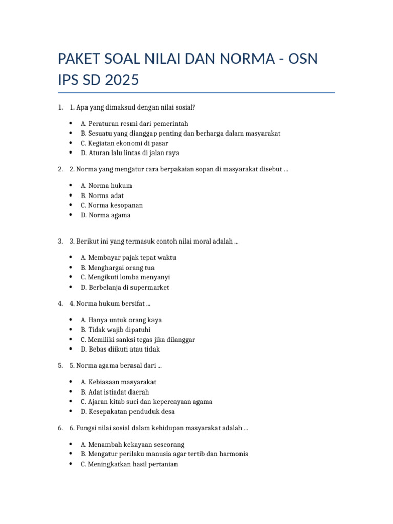 Paket Soal HOTS Nilai Dan Norma OSN IPS SD 2025 | PDF