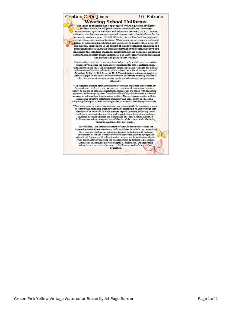 Cream Pink Yellow Vintage Watercolor Butterfly A4 Page Border | PDF ...