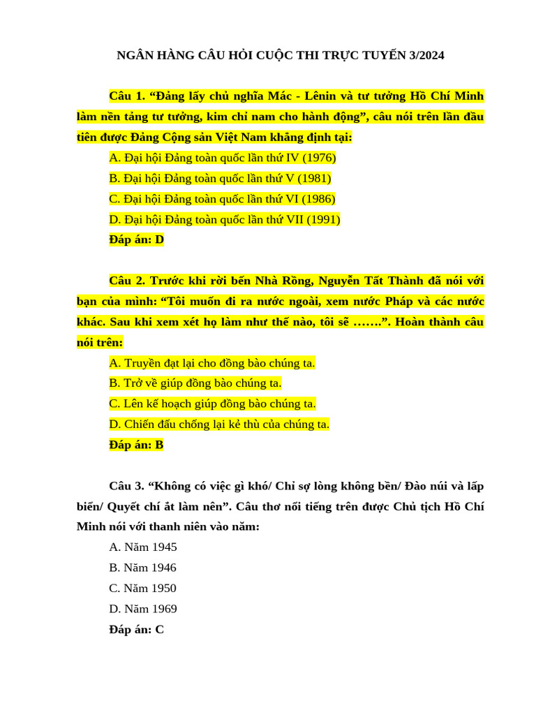 Ngân hàng câu hỏi | PDF