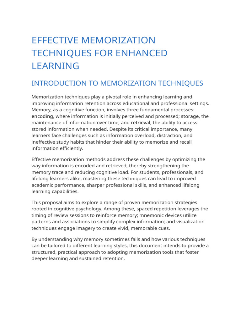 Memorization Techniques Proposal | PDF | Memory | Learning