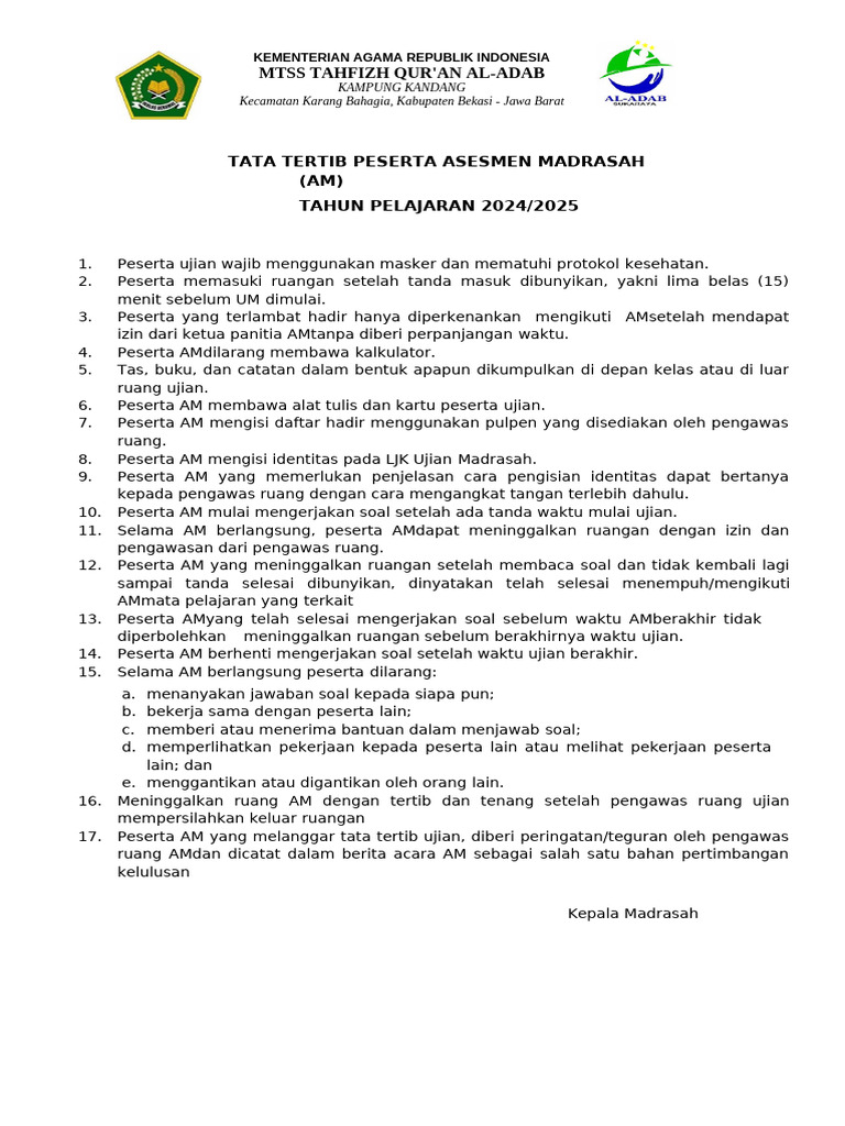 Tatib Peserta Dan Pengawas AM MTs Al Adab 2025 | PDF