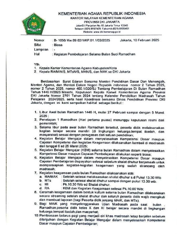 Surat Edaran Kegiatan Pembelajaran Selama Bulan Suci Ramadhan | PDF