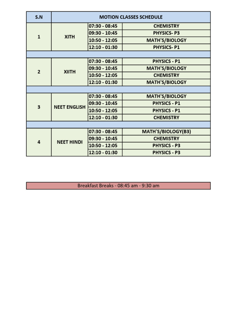 New Time Table-1 For Foundation Student | PDF
