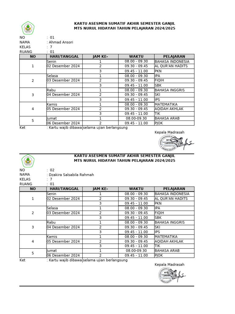 Kartu Ujian ASAS 2024 | PDF