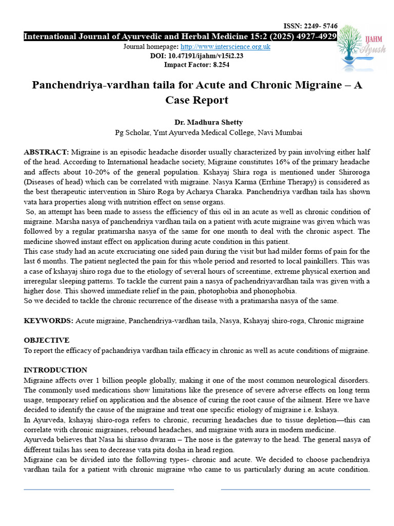 Panchendriya Vardhan Taila for Migraine | PDF | Migraine | Ayurveda