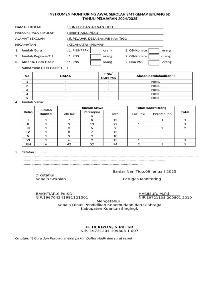 INSTRUMEN MONITORING AWAL SEKOLAH SMT GENAP-1 | PDF