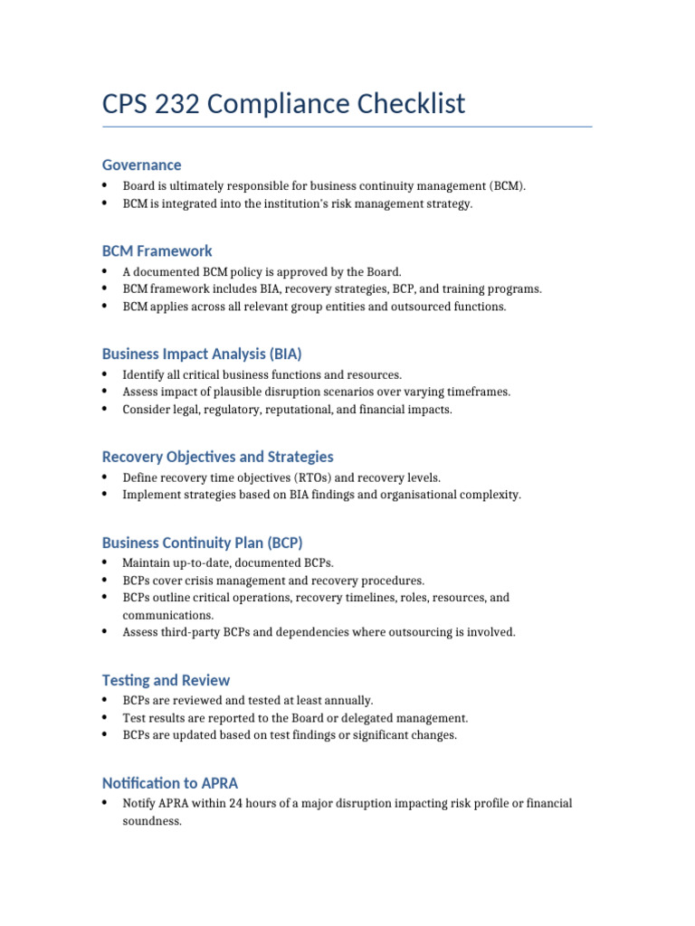 CPS 232 Compliance Checklist | PDF