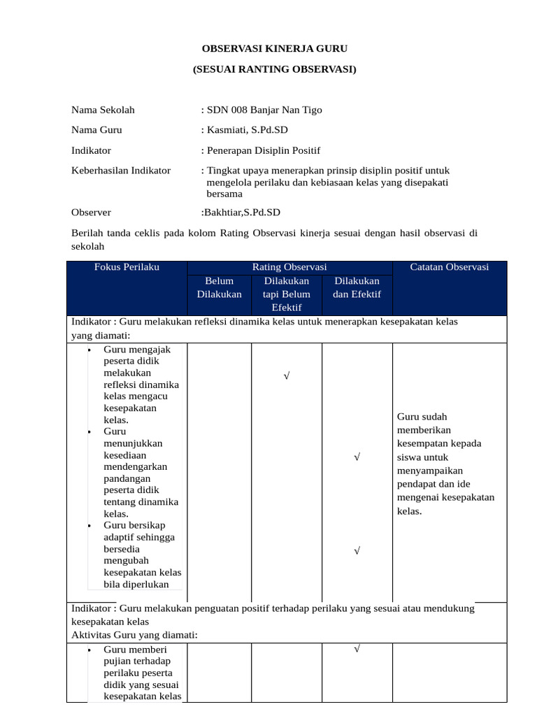 Observasi Kinerja Guru Oleh Kepsek Berdasarkan Ranting Observasi | PDF