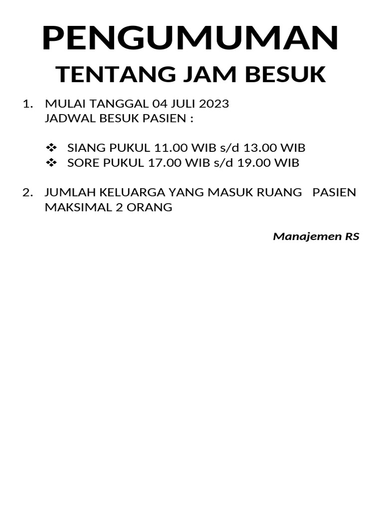 Jam Besuk Pasien RS Mulai 4 Juli 2023 | PDF