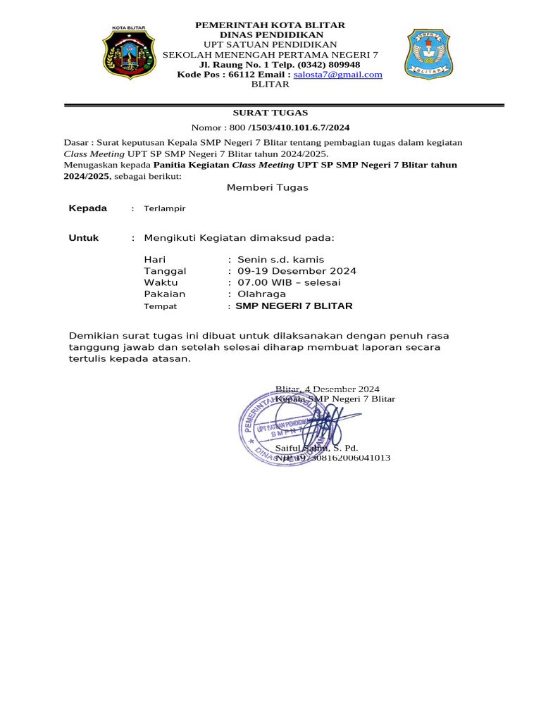 Surat Tugas Class Meeting (9 Hari) | PDF