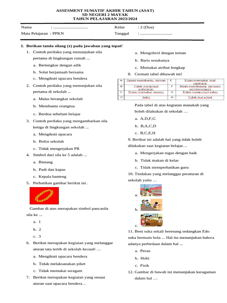 Soal Asat PPKN Kelas 2023-2024 | PDF