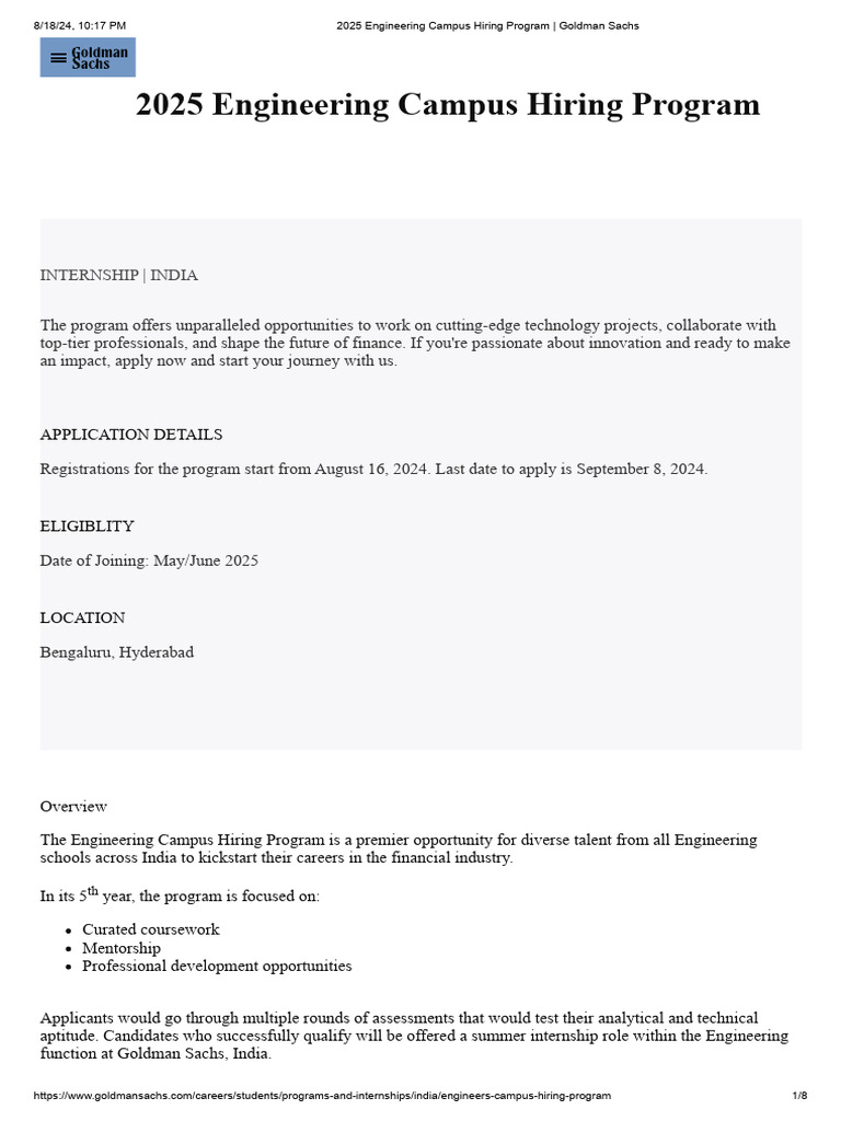 2025 Engineering Campus Hiring Program - Goldman Sachs | PDF | Engineering | Economies