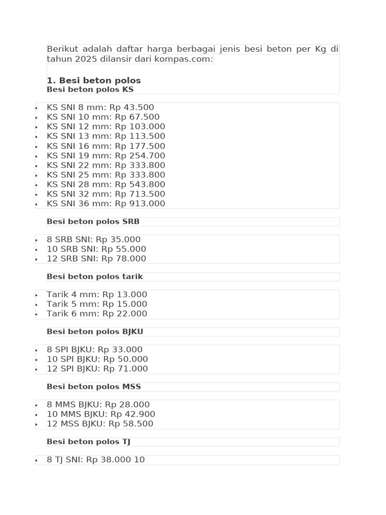 Harga Besi Beton Indonesia 2025 | PDF