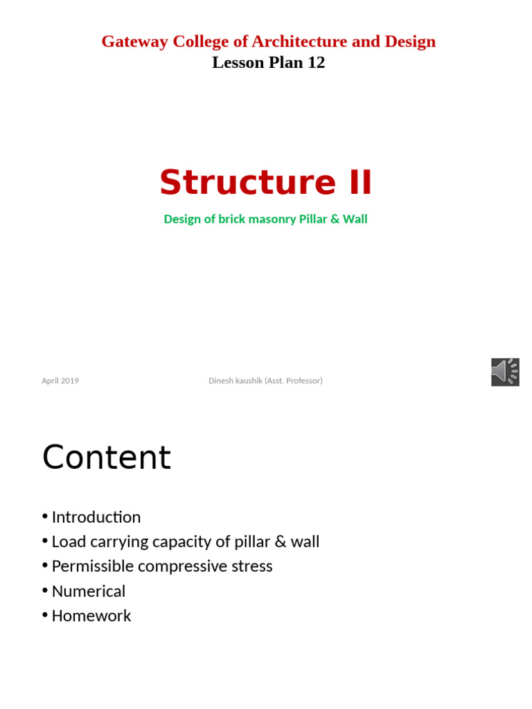 Lecture 12 (Design of Brick Wall and Pillar) | PDF | Column | Brick