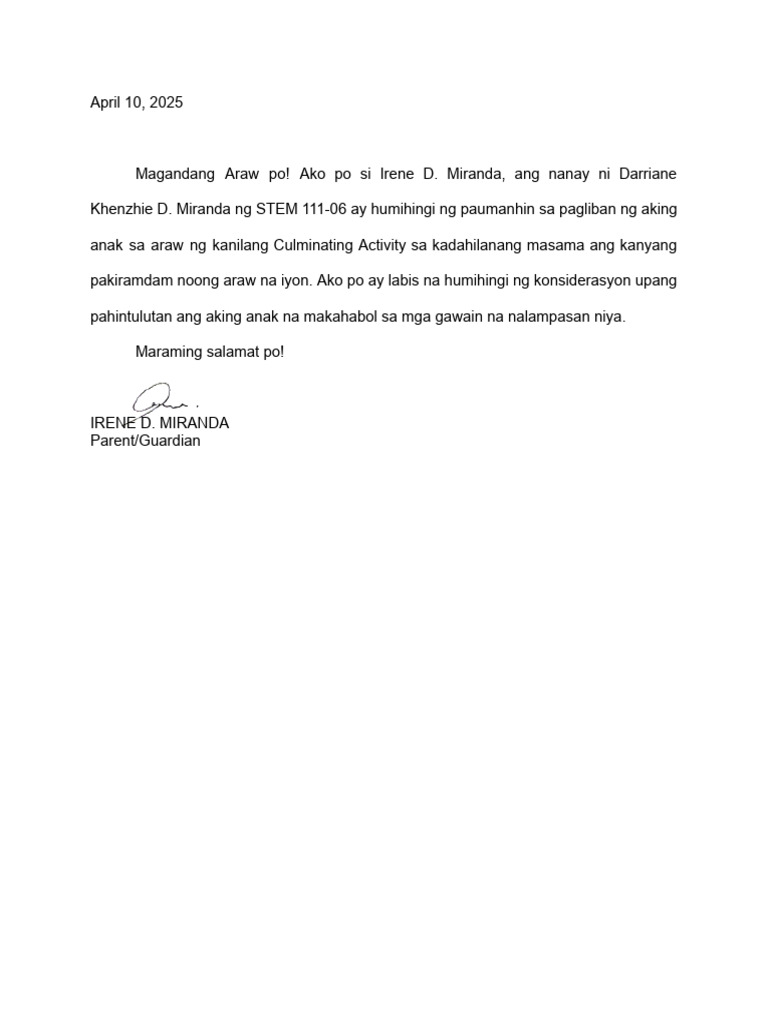 Miranda, Darriane Khenzhie - EXCUSE LETTER | PDF