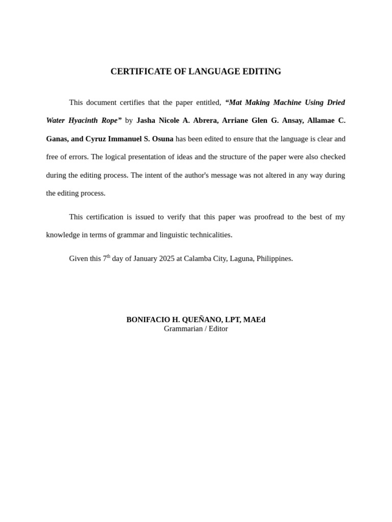 Certificate of Language Editing for Paper | PDF