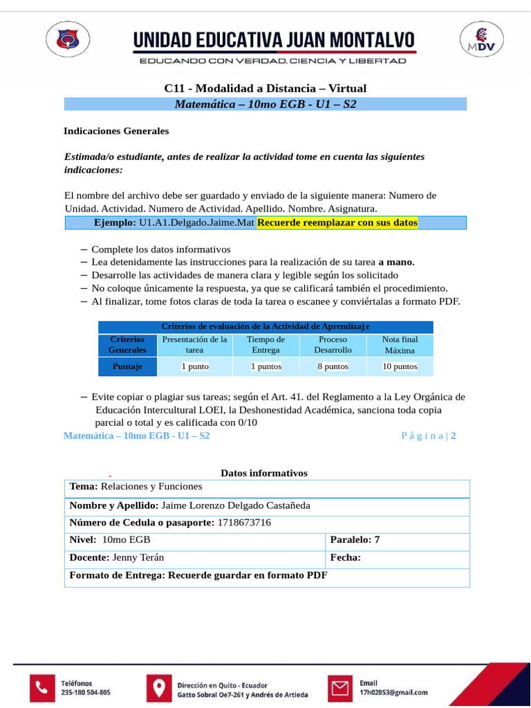 Actividad de Aprendizaje Matemática 10mo - U1 S2 | PDF | Aprendizaje