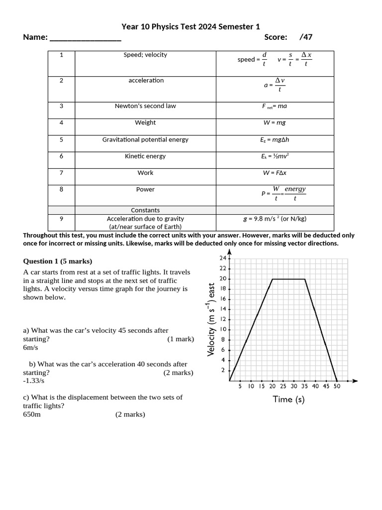 2024 Semester 1 Test Physical | PDF | Force | Velocity