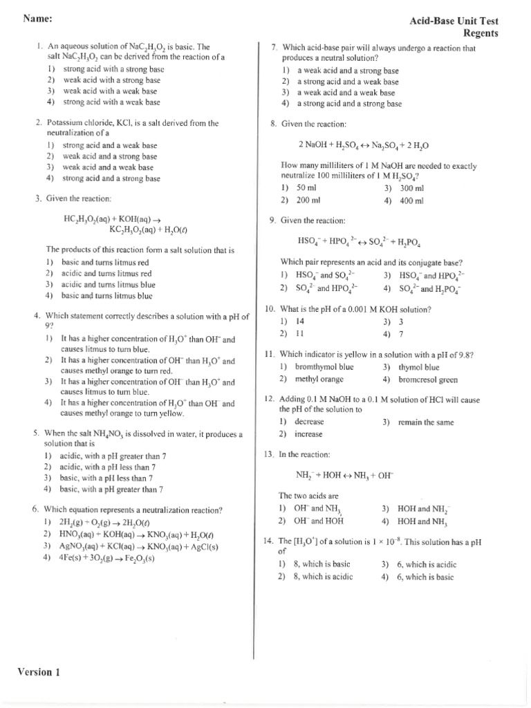 Acid-Base Practice Test | PDF