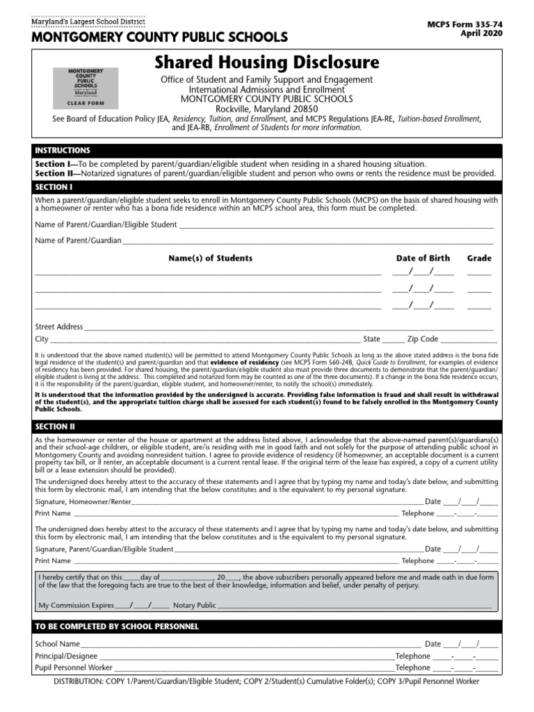MCPS Shared Housing Enrollment Form | PDF | Lease | Common Law