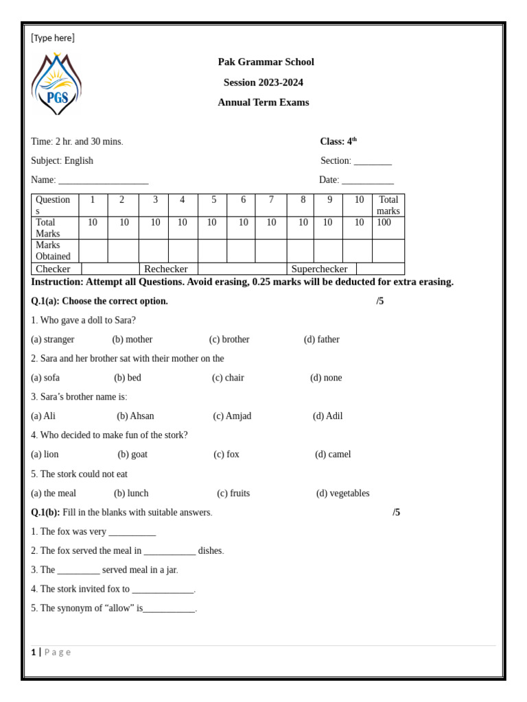 Class 4 English Exam Paper 2023-24 | PDF