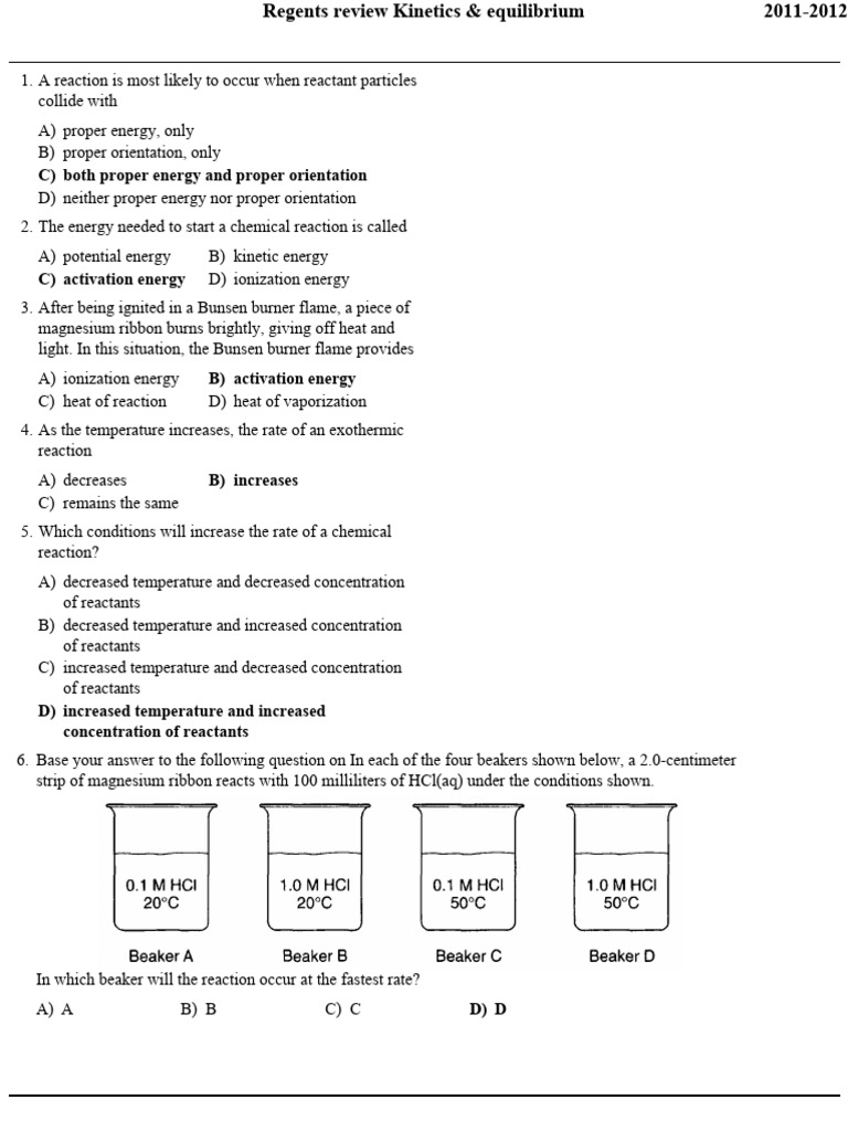 Regents Review Kinetics & Equilibrium 2011-2012 | PDF | Reaction Rate ...
