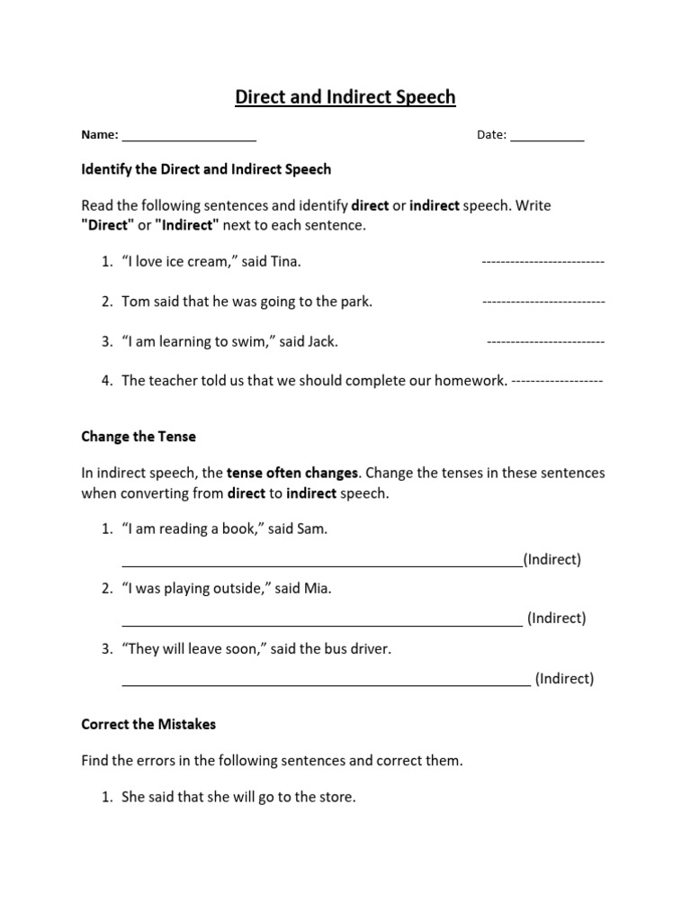 Direct and Indirect Speech WORKSHEET | PDF
