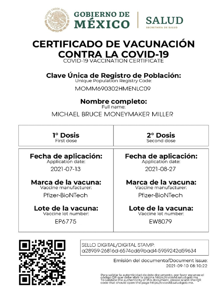 Certificado de Vacunacion Covid19 - Michael Bruce Moneymaker Miller | PDF