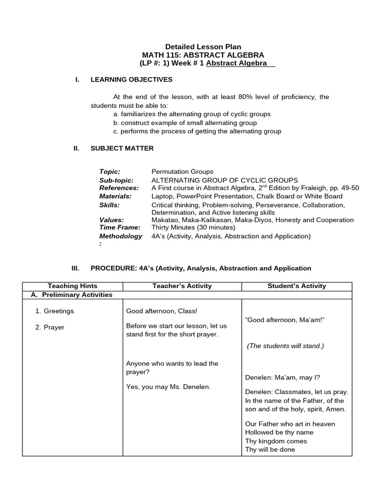 Lesson Plan in Alternating Group of A Cyclic Grou ( | PDF | Group ...