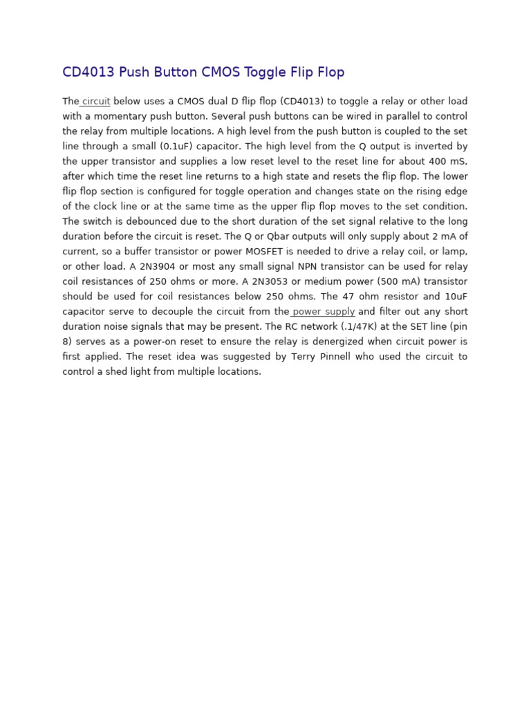 CD4013 Push Button CMOS Toggle Flip Flop | PDF