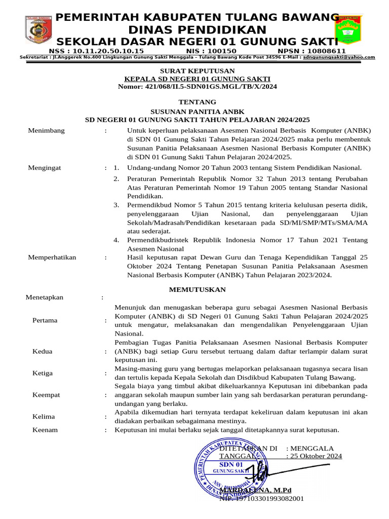 SK Panitia Anbk SDN 01 Gunung Sakti 2024 | PDF