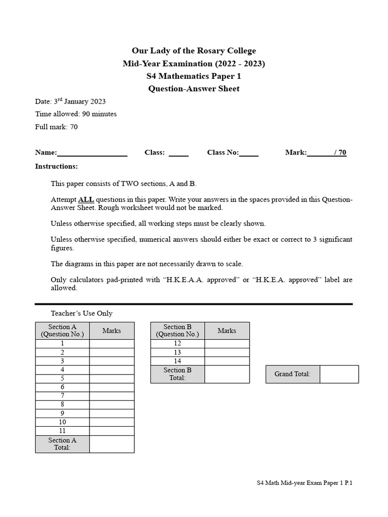S4 Maths Mid-Yr Exam Paper 1 2022-23 | PDF | Cartesian Coordinate ...