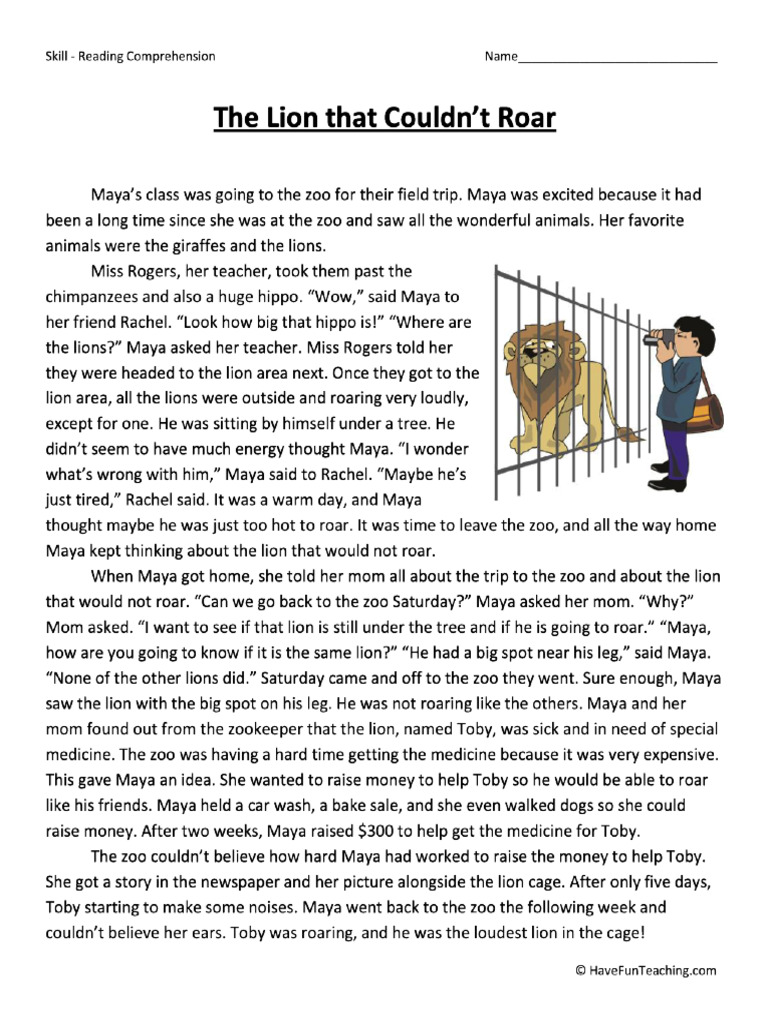 The Lion That Couldn't Roar Third Grade Reading Comprehension Worksheet ...